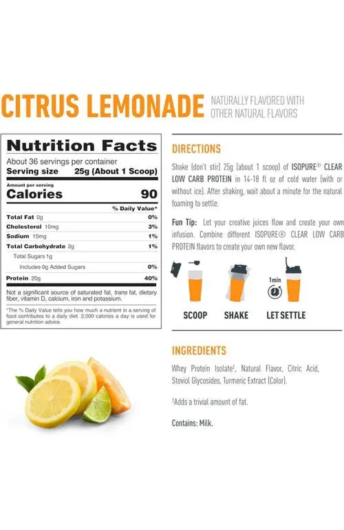 ISOPURE Infusions 100% Whey Protein Isolate Citrus Lemonade Powder