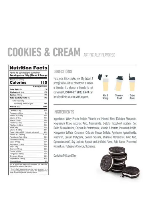 ISOPURE Zero Carb High Protein Whey Isolate Powder Cookies And Cream