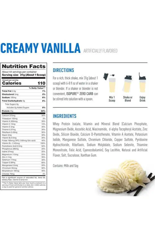 ISOPURE Zero Carb Pure Whey Protein Isolate Powder Creamy Vanilla