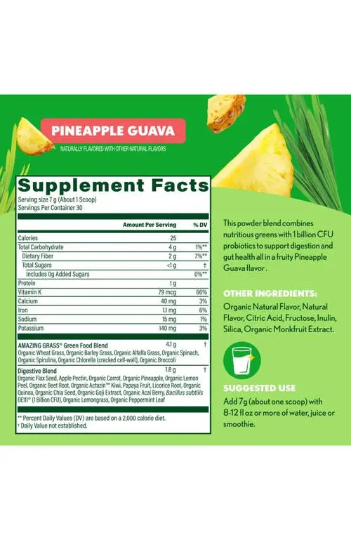 AMAZING GRASS Super Greens Digest Powder Pineapple Guava 30 Servings