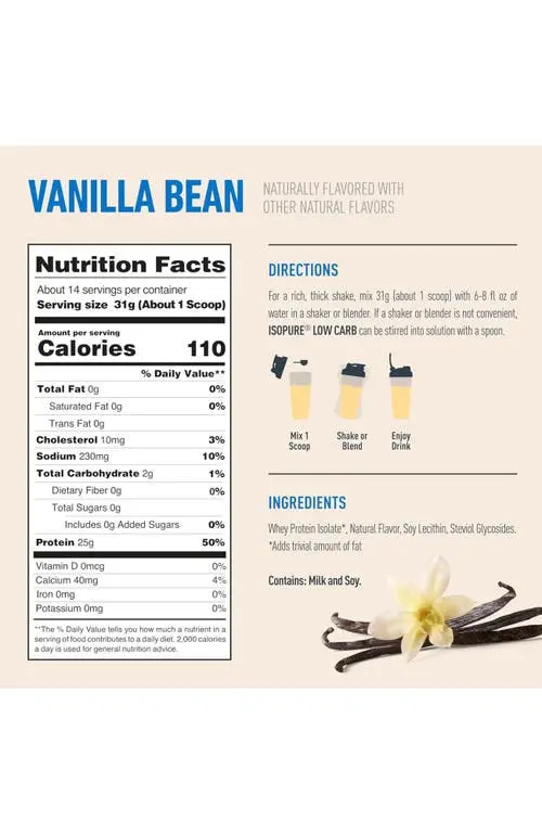 ISOPURE Low Carb Pure Whey Isolate Protein Powder Vanilla Bean