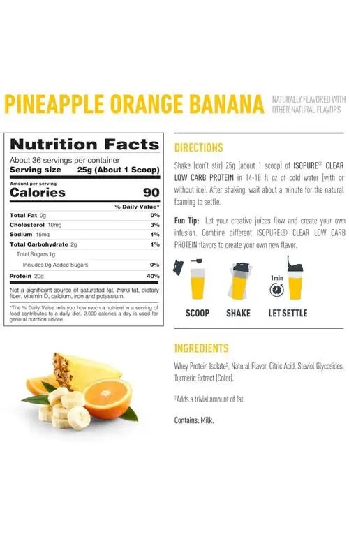 ISOPURE Infusions 100% Whey Protein Isolate Powder Pineapple Orange Banana