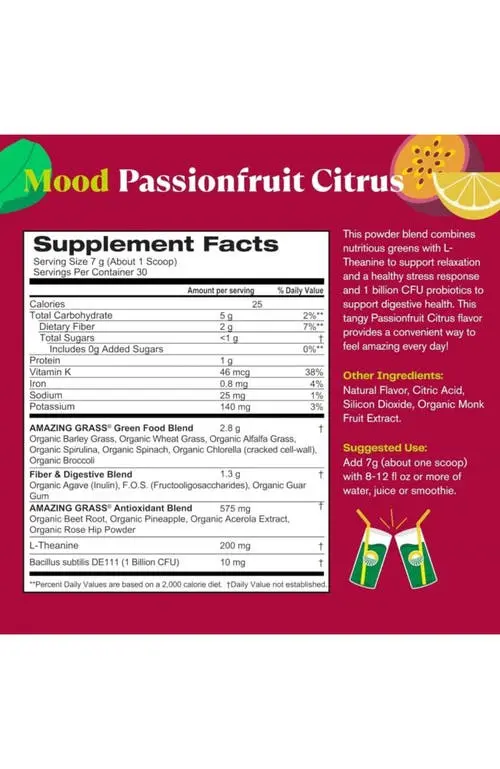 AMAZING GRASS Greens Blend Mood Passionfruit Citrus Super Greens Powder