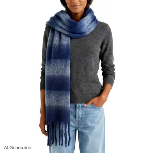 Rebecca Minkoff Brushed Acrylic Striped Blanket Scarf With Fringe - Navy