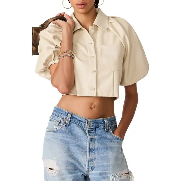 Steve Madden Reece Puff Sleeve Crop Shirt - Bone
