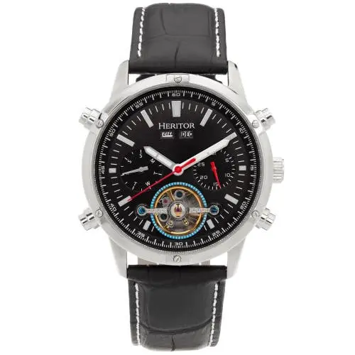 HERITOR AUTOMATIC Wilhelm Day-date Semi Skeleton Watch With Leather Band - Black