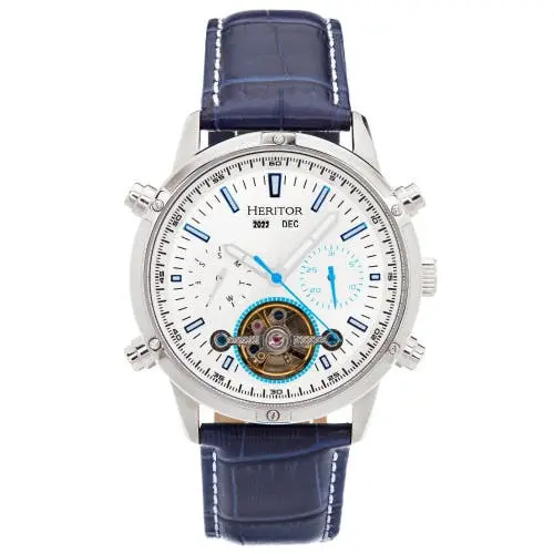 HERITOR AUTOMATIC Wilhelm Day-date Semi Skeleton Automatic Watch W/ Leather Band - Blue