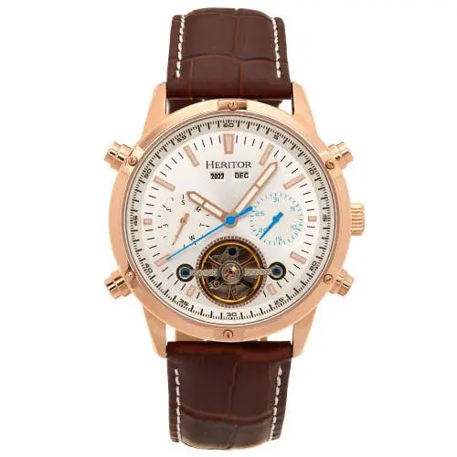 HERITOR AUTOMATIC Wilhelm Day-date Semi Skeleton Automatic Watch W/ Leather Band - Brown