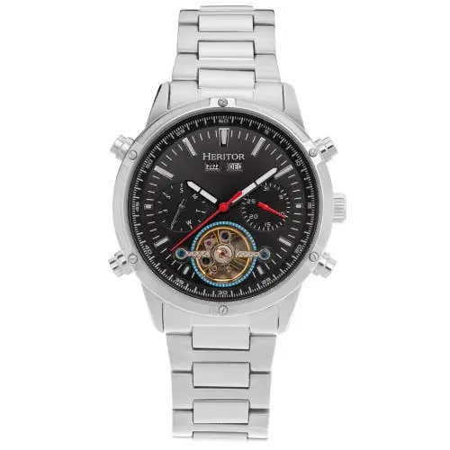 HERITOR AUTOMATIC Wilhelm Day-date Semi Skeleton Automatic Watch W/ Stainless Steel Band - Black