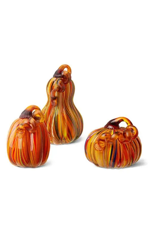 GLITZHOME Set Of 3 Multi Striped Glass Pumpkin & Gourd - Brown