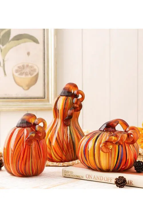 GLITZHOME Set Of 3 Multi Striped Glass Pumpkin & Gourd - Brown