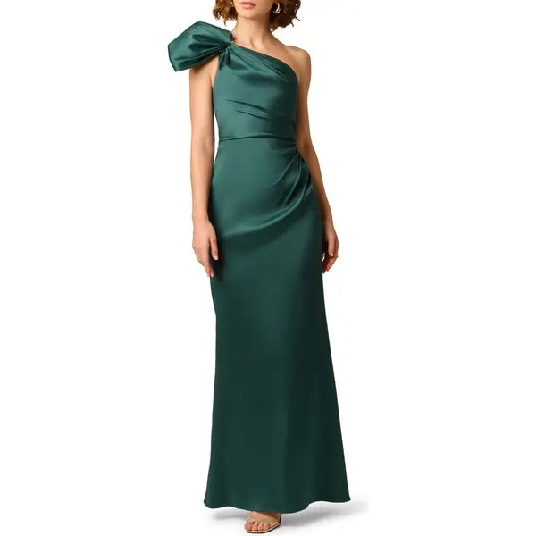 Aidan Mattox One-shoulder Mikado Gown With Draping And Pleats - Forest