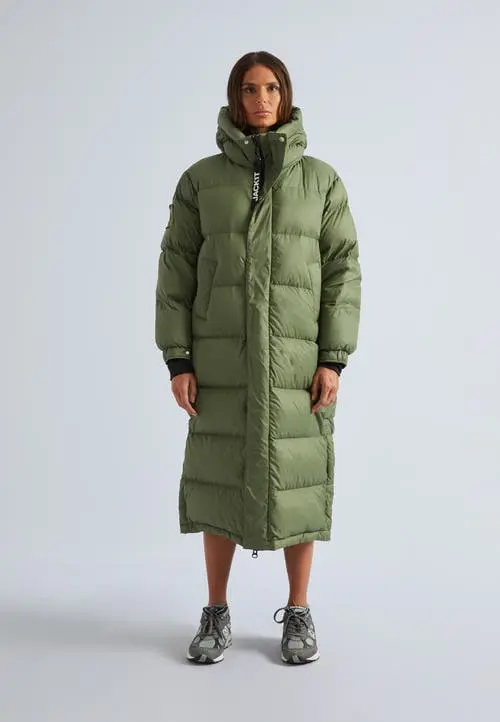 JACK1T Longline Midi Puffer Coat - Muted Olive