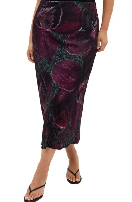 City Chic Sienna Floral Print Midi Skirt - Black Orchid
