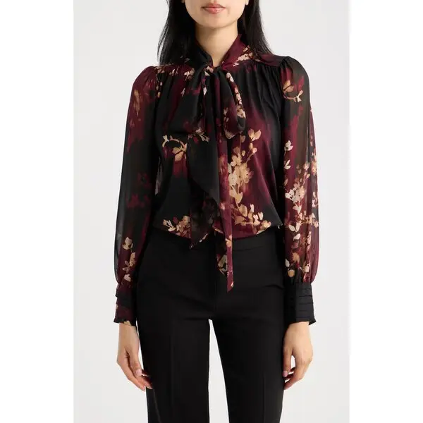 Anne Klein Mixed Media Floral Print Tie Neck Top - Anne Black Multi