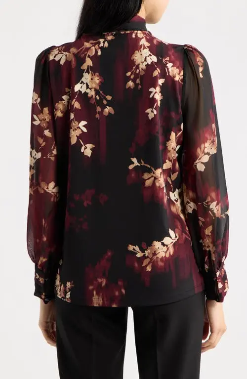Anne Klein Mixed Media Floral Print Tie Neck Top
