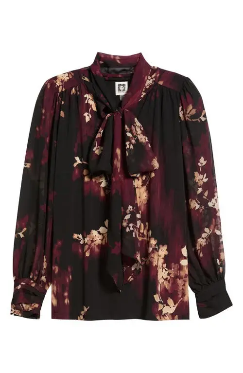 Anne Klein Mixed Media Floral Print Tie Neck Top