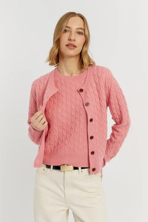 Chinti & Parker Pure Cashmere Cabled Crew Neck Cardigan - Salmon