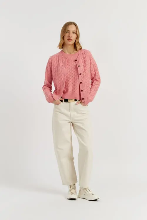 Chinti & Parker Pure Cashmere Cabled Crew Neck Cardigan - Salmon