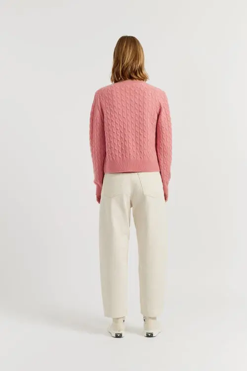 Chinti & Parker Pure Cashmere Cabled Crew Neck Cardigan - Salmon