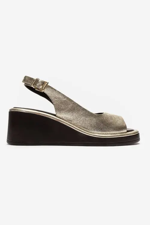 FOREVER & ALWAYS SHOES Orlena Leather Platform Wedge Sandal - Gold