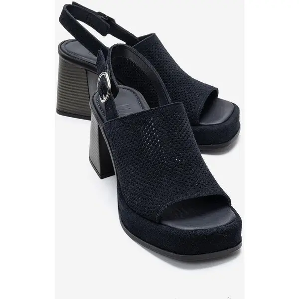 FOREVER & ALWAYS SHOES Leather Platform Block Heel Sandals With Laser Cut Detailing - Navy Suede