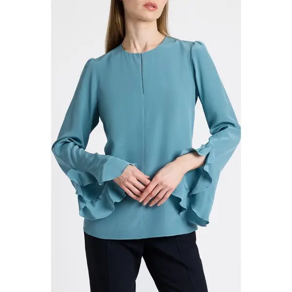Santorelli Anna Silk Ruffle Cuff Blouse - Sea Mist
