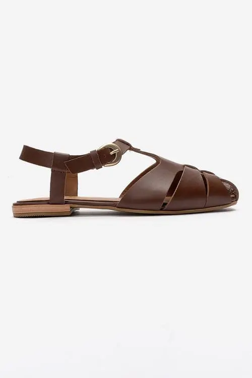 FOREVER & ALWAYS SHOES Jandor Leather Ankle Strap Flat Sandal - Brown