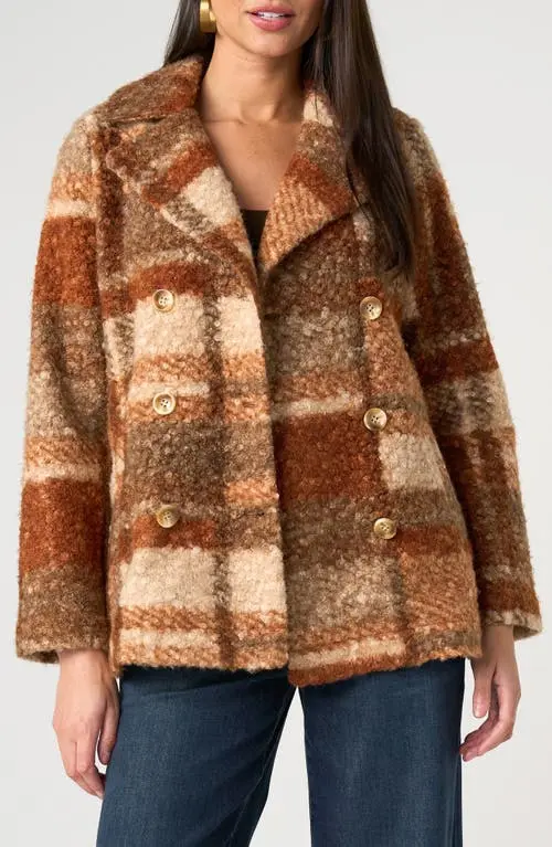 LIVERPOOL Double Breasted Plaid High Pile Fleece Coat - Nutmeg Multi