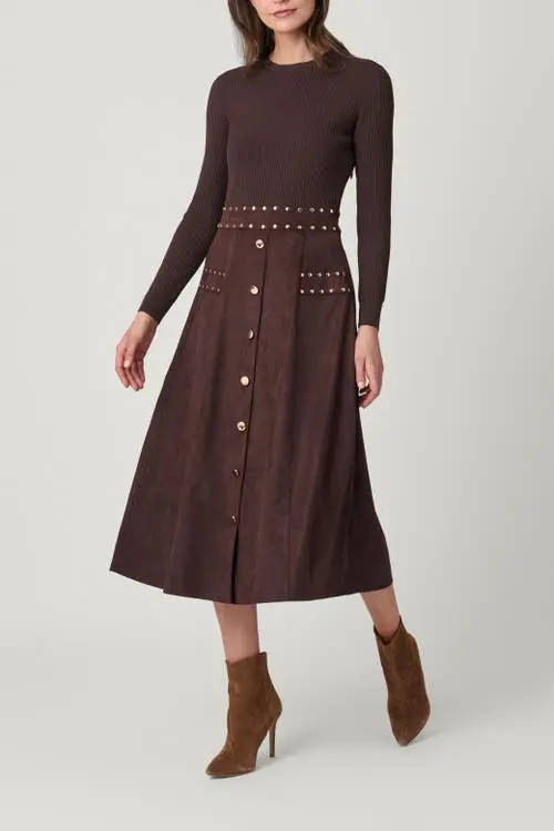 Shoshanna Suede Knit Mixed Media Cleo Dress - Chocolate