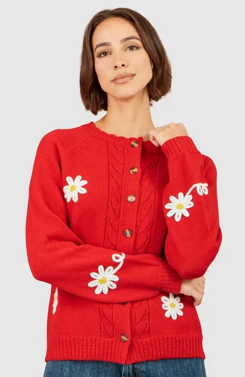YUMI Daisy Stitch Cardigan - Red