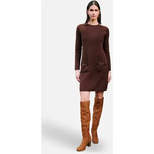 YUMI Long Sleeve Knitted Tunic Dress - Brown