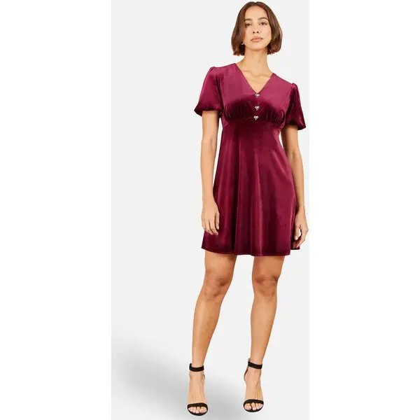 YUMI Diamante Bow Velvet Skater Dress - Burgundy