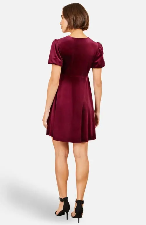 YUMI Diamante Bow Velvet Skater Dress - Burgundy