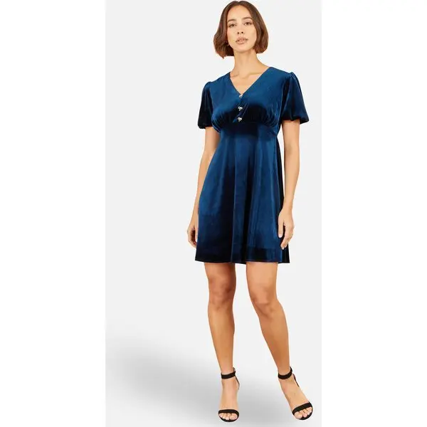YUMI Diamante Bow Velvet Skater Dress - Navy