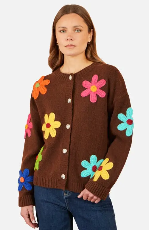 YUMI Knitted Flower Applique Cardigan - Brown