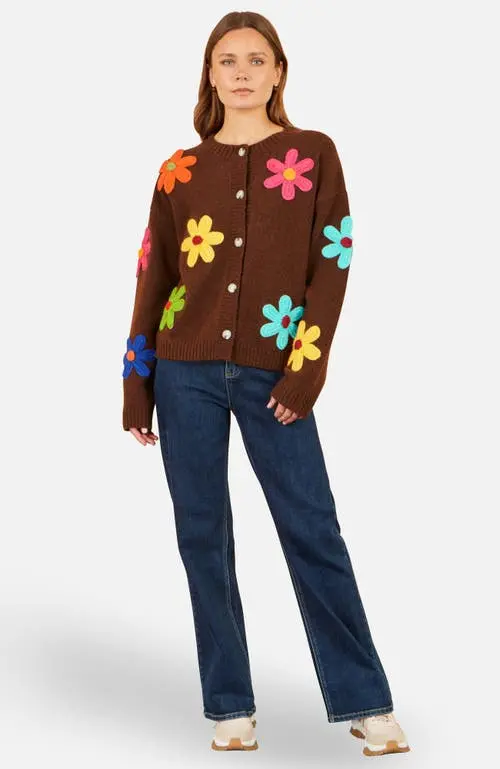 YUMI Knitted Flower Applique Cardigan - Brown