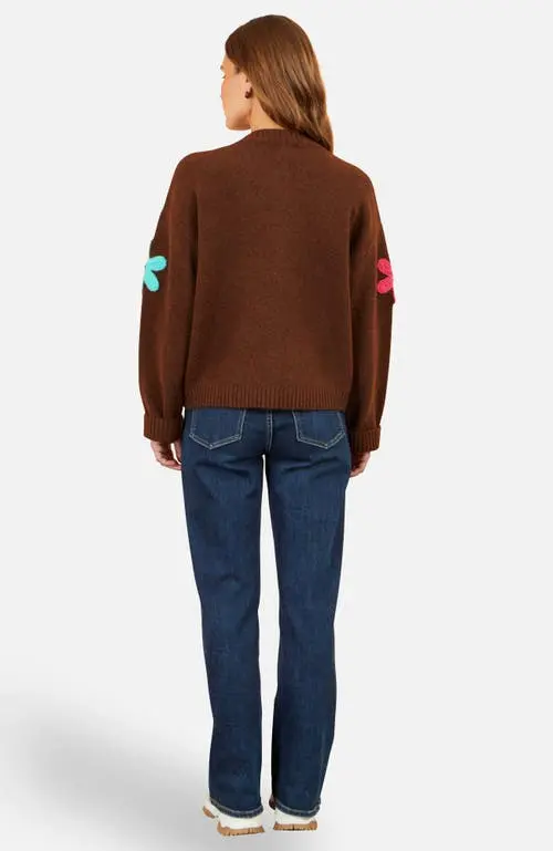 YUMI Knitted Flower Applique Cardigan - Brown