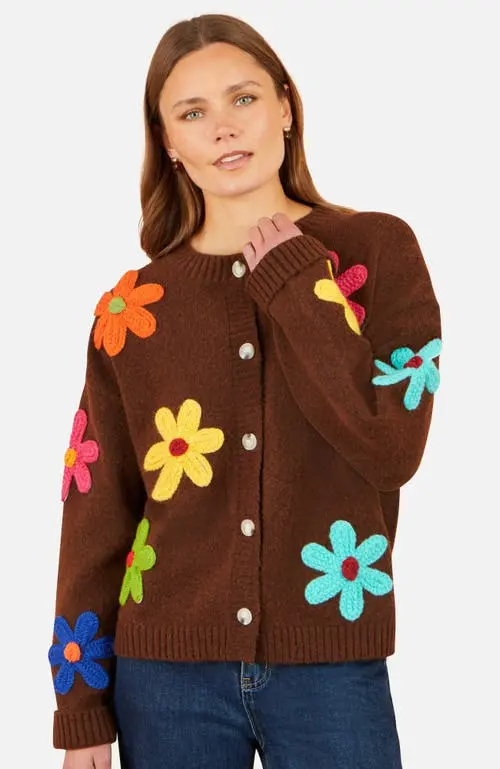 YUMI Knitted Flower Applique Cardigan - Brown