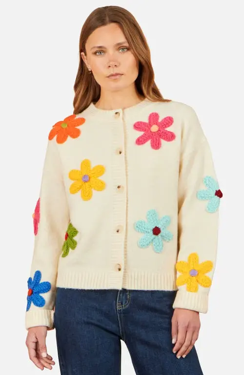 YUMI Knitted Flower Applique Cardigan - Ivory