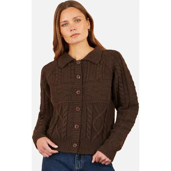 YUMI Collard Cable Knit Boxy Cardigan - Brown