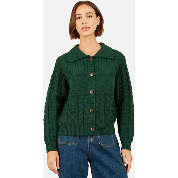 YUMI Collard Cable Knit Boxy Cardigan - Green