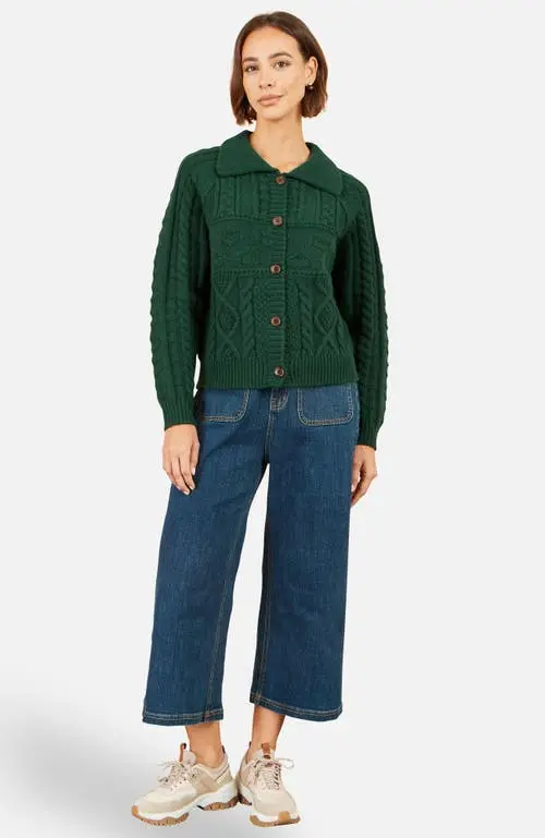 YUMI Collard Cable Knit Boxy Cardigan - Green