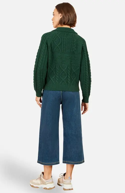 YUMI Collard Cable Knit Boxy Cardigan - Green