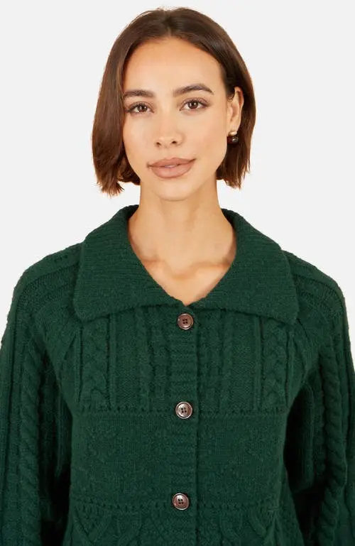 YUMI Collard Cable Knit Boxy Cardigan - Green