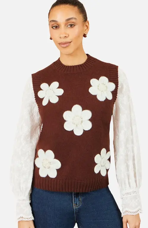 YUMI Flower Appliqué Knit Tank - Brown