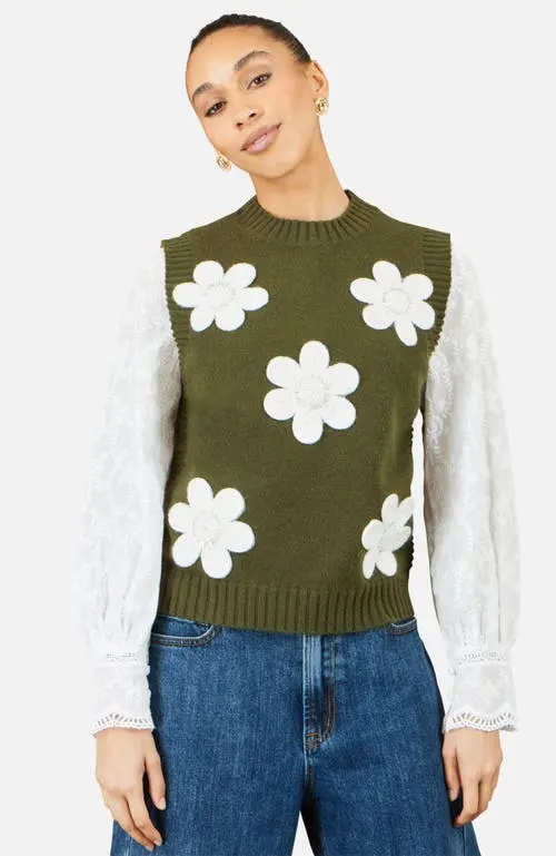YUMI Flower Appliqué Knit Tank - Green
