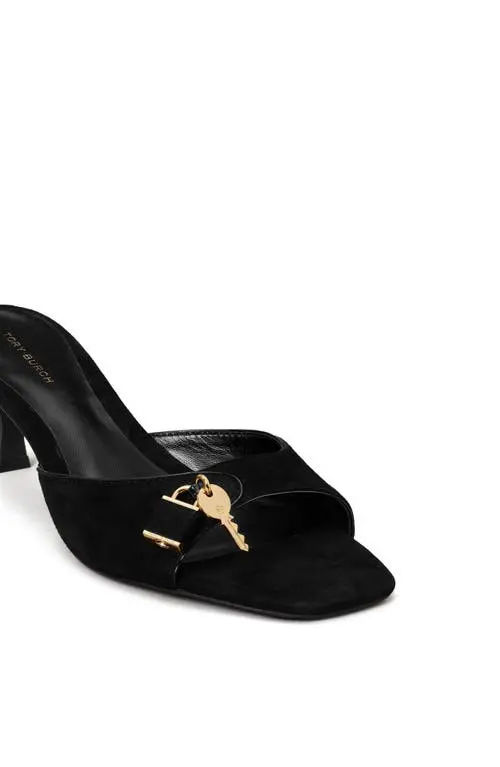 Tory Burch Lock Kitten Heel Sandal - Perfect Black/silver
