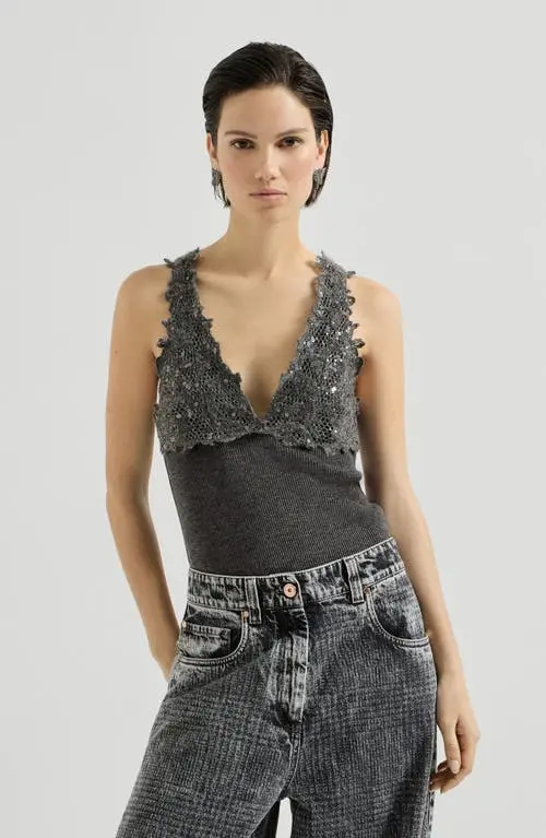 Brunello Cucinelli Ribbed Wool Jersey Top With Dazzling Lace Embroidery - Lead