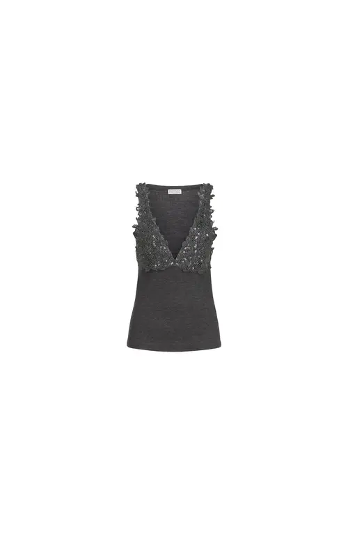 Brunello Cucinelli Ribbed Wool Jersey Top With Dazzling Lace Embroidery